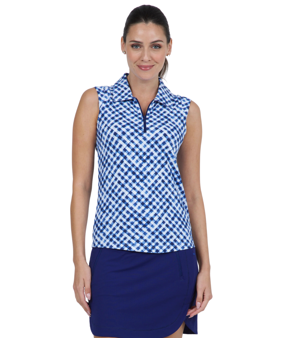 2025 IBKUL Gingham Check Print Sleeveless Polo - Navy/White – The Clubroom